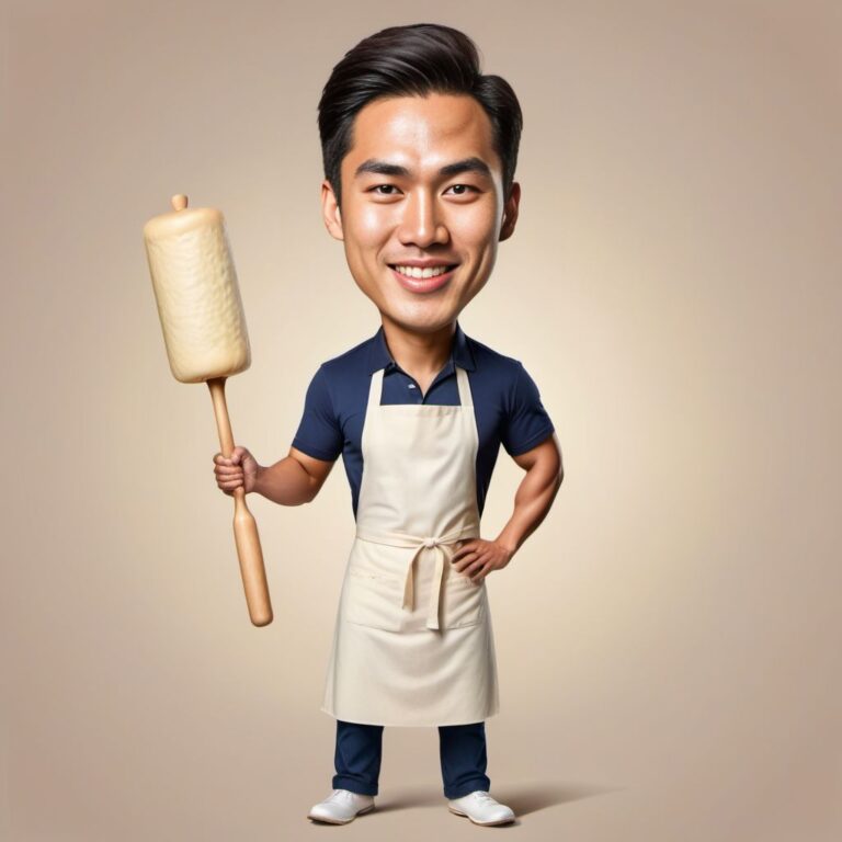 Young Asian Man Caricature as Baker with Rolling Pin | Pincel
