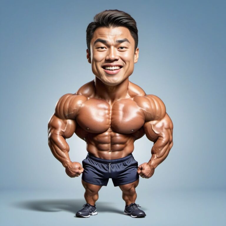 Funny Caricature of a Young Handsome Asian Man as a Bodybuilder | Pincel