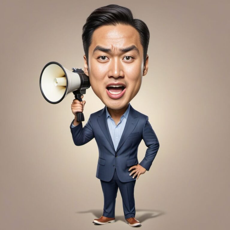 Young handsome Asian man caricature as a movie director | Pincel