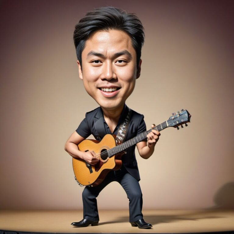 Caricature of a Young Asian Musician with a Comically Large Guitar | Pincel