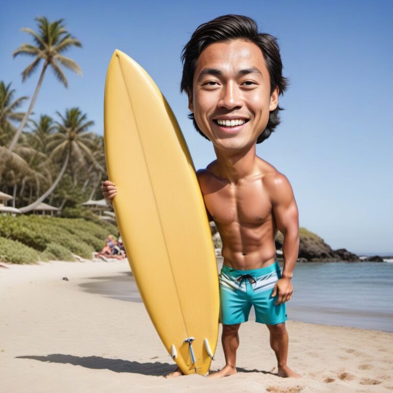 Funny Caricature of a Young Asian Surfer | Pincel