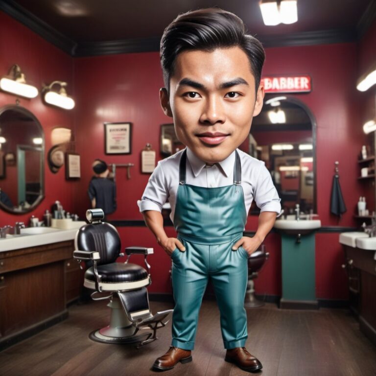 Caricature of a Young Asian Barber in a Vintage Barber Shop | Pincel