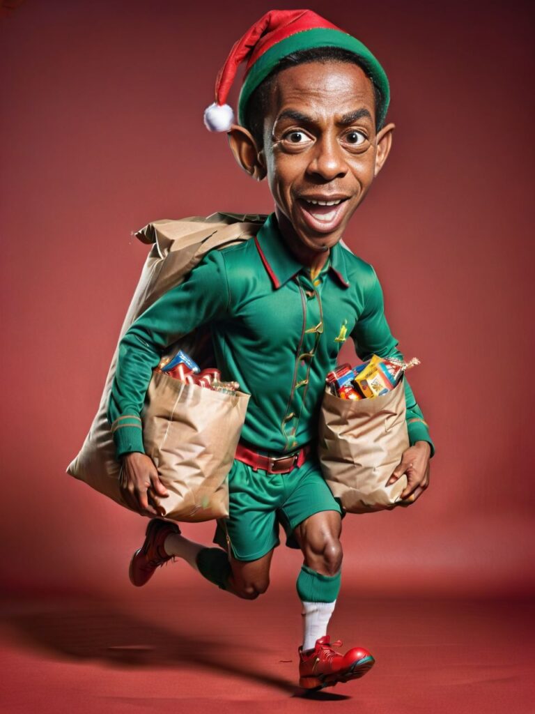 Jamaican Male Elf Sprinting with a Sack of Toys | Pincel