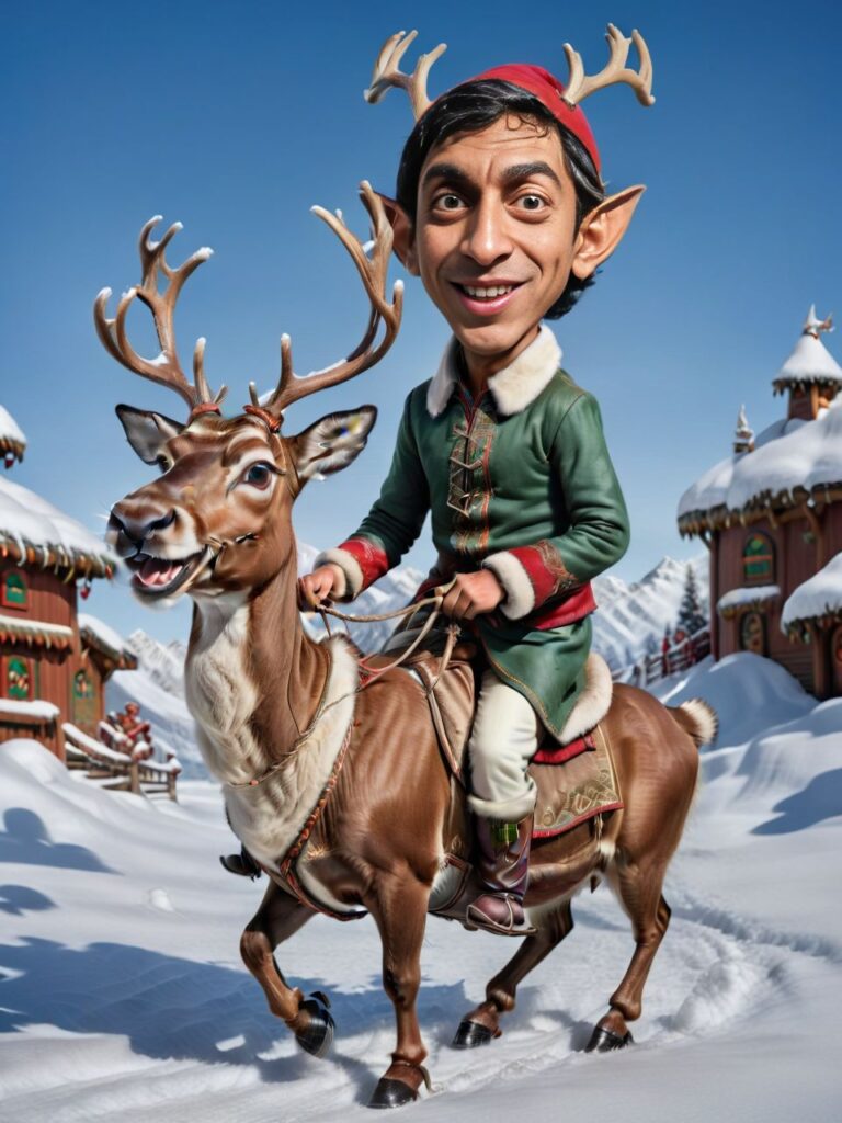 Full Body Caricature of a Young South Asian Man Elf Riding a Reindeer ...