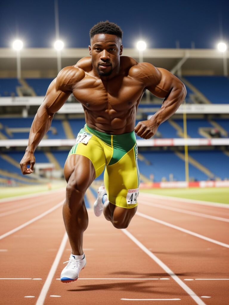 African American Bodybuilder Sprinting on Track | Pincel