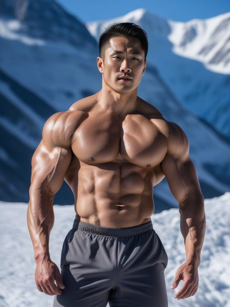 East Asian Bodybuilder in Snowy Mountain Landscape | Pincel