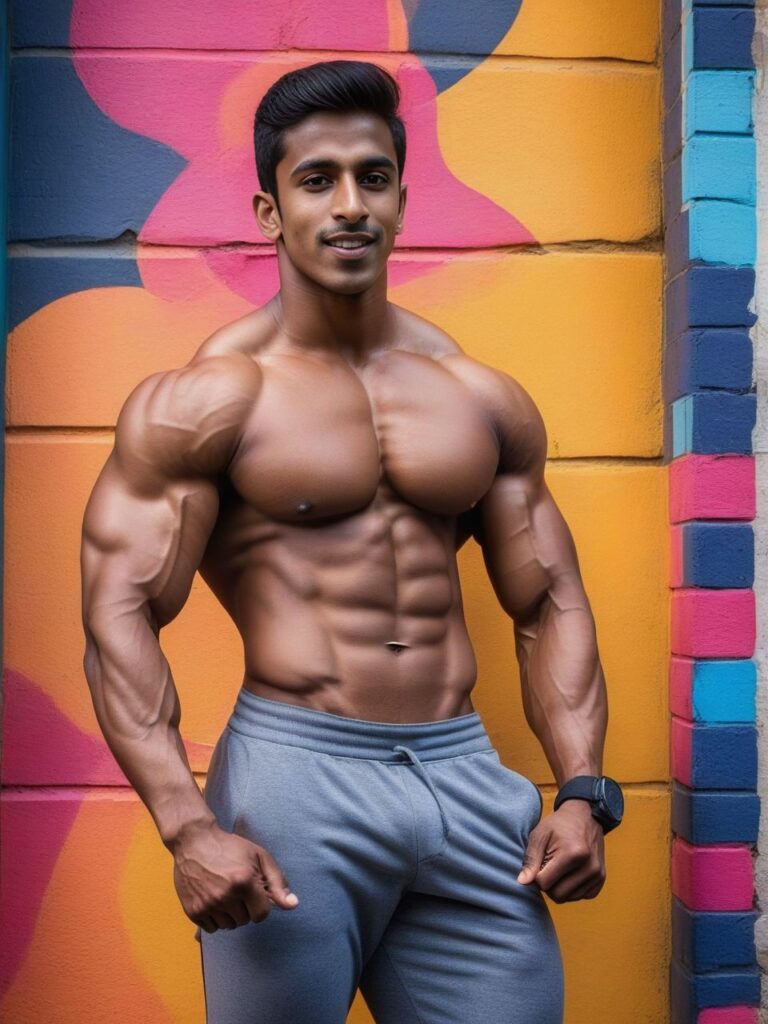 South Asian Bodybuilder Against Vibrant Street Art | Pincel
