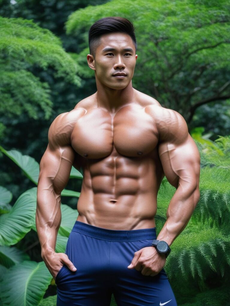 Young East Asian Bodybuilder in a Botanical Garden | Pincel