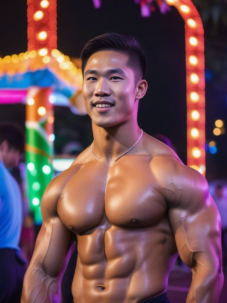 Young East Asian Bodybuilder at a Vibrant Carnival | Pincel