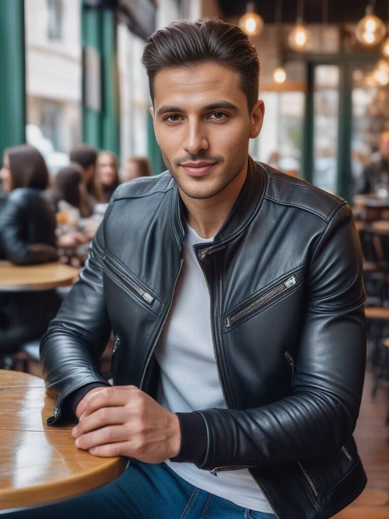 Balkan Male Instagram Model in Leather Jacket at Urban Café | Pincel