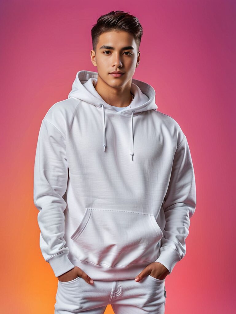 Stylish Young Man in White Hoodie on Vibrant Background | Pincel