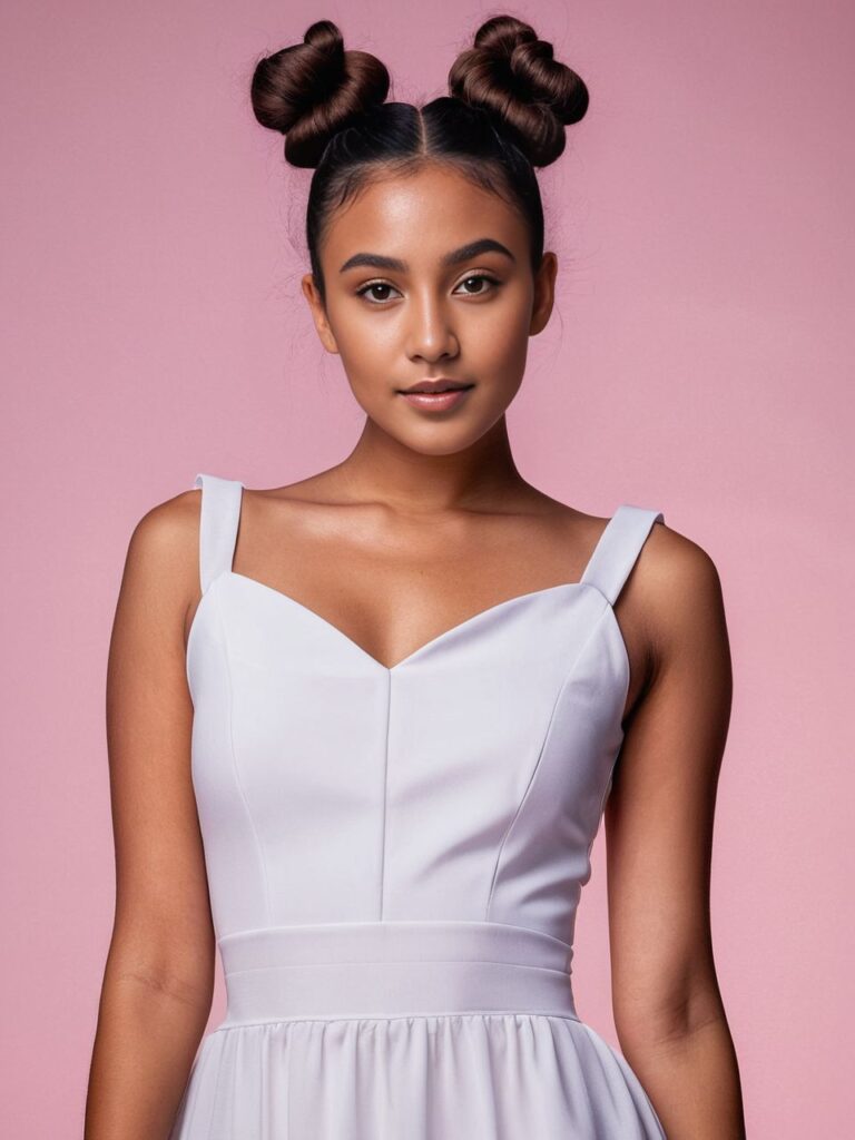 Elegant White Dress Apparel Model with Space Buns | Pincel