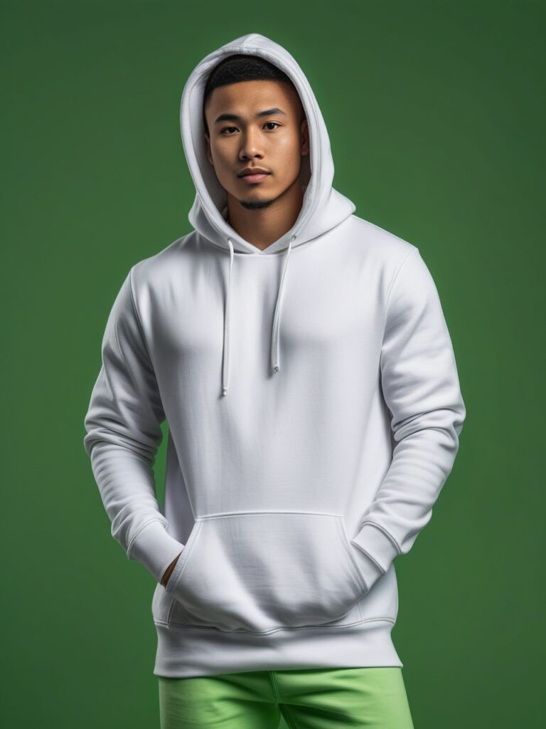 Eurasian Young Man in White Hoodie model Against Green Gradient ...