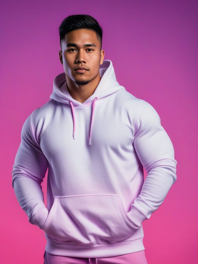 Pacific Islander Man in White Hoodie model on Gradient Background | Pincel