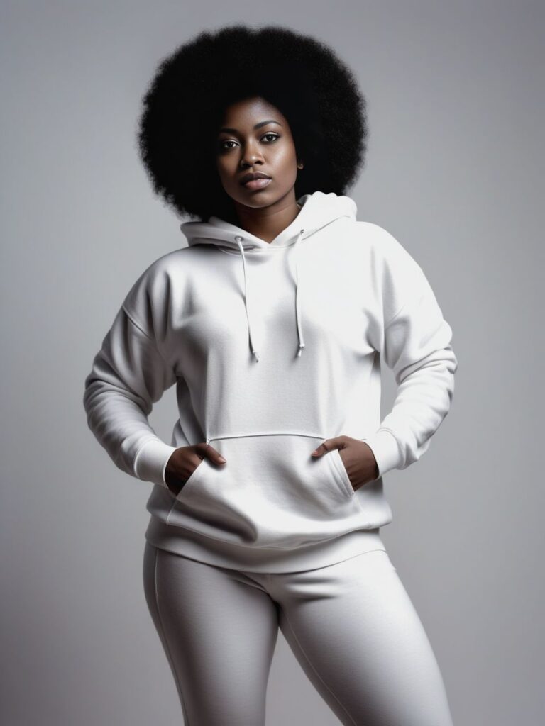 Empowering Diversity: Bold Woman with Afro in White Hoodie | Pincel