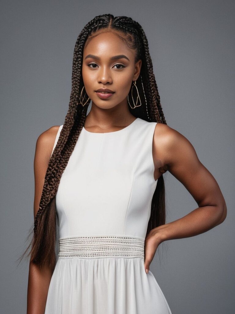 Elegant White Dress Apparel Model with Box Braids | Pincel