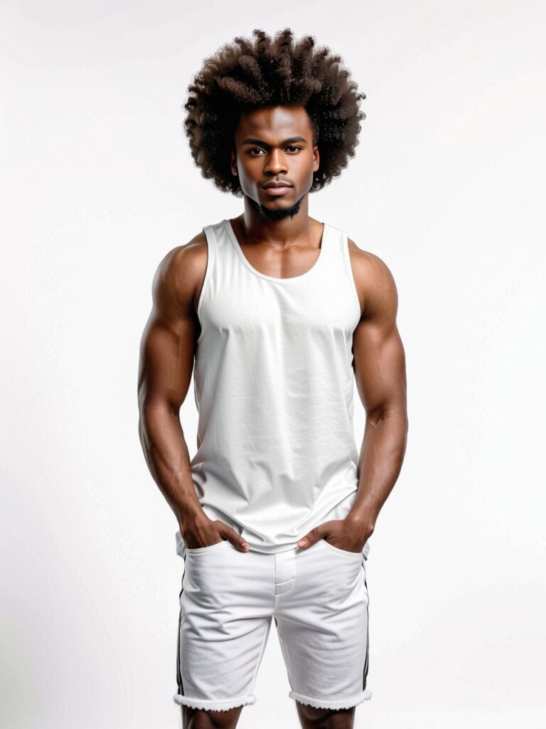 Stylish Afro Puff Black Man in White Tank Top model | Pincel