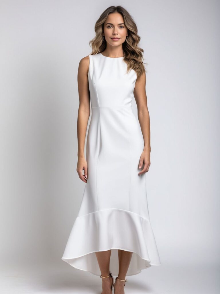 Elegant White Dress model Featuring Young Woman with Wavy Hair | Pincel