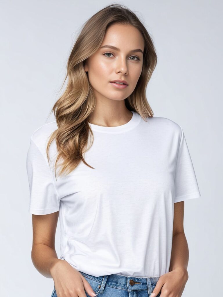 Minimalistic White T-Shirt on Sandy Skin Tone Model | Pincel