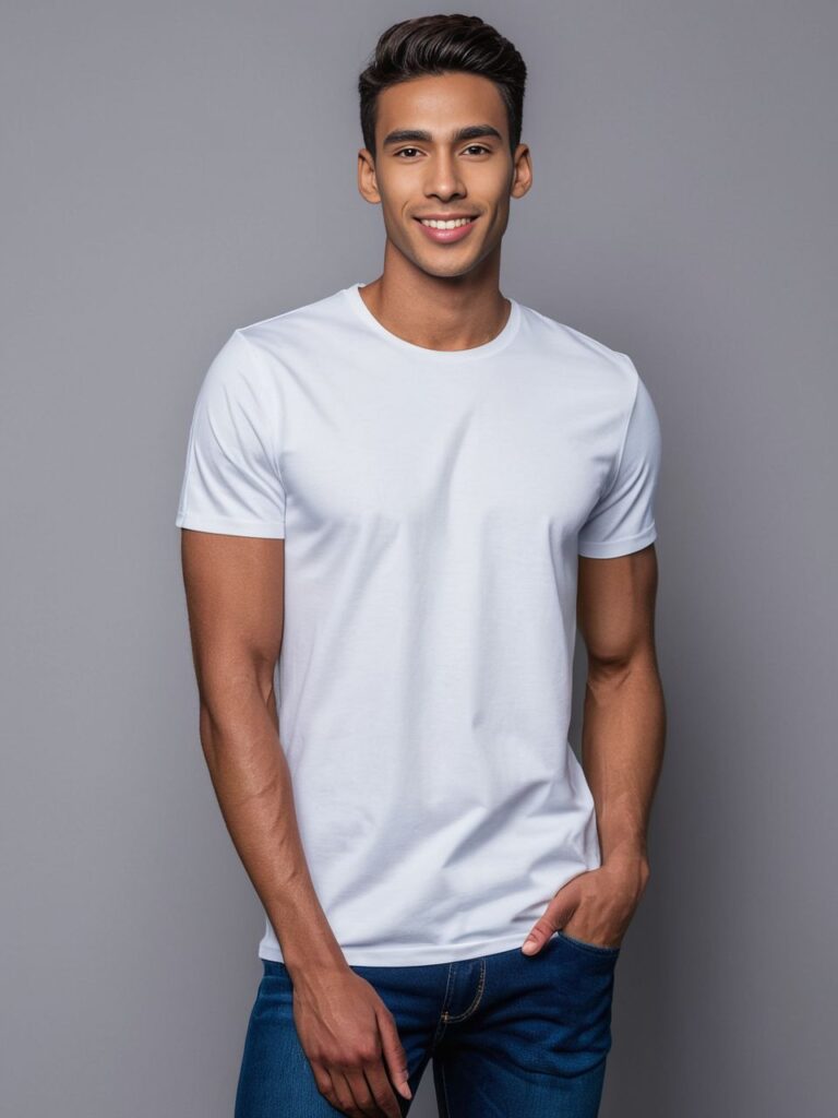 Stylish White T-Shirt on Mocha Skin Model | Pincel