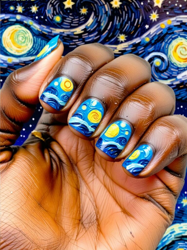 Starry Night Nail Art: Van Gogh-Inspired Sky on Coffin-Shaped Nails ...