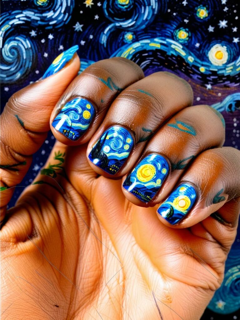 Starry Night Nail Art: Van Gogh-Inspired Sky on Coffin-Shaped Nails ...