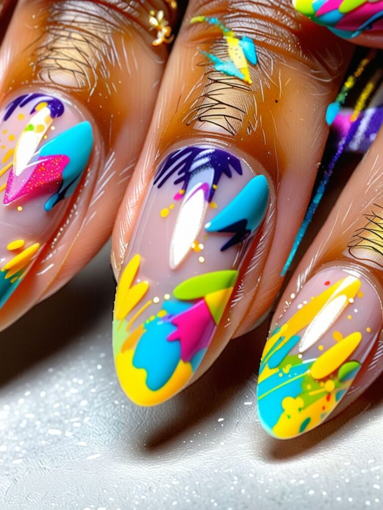 Vibrant Color Splash Gel Nail Art on Stiletto Nails | Pincel