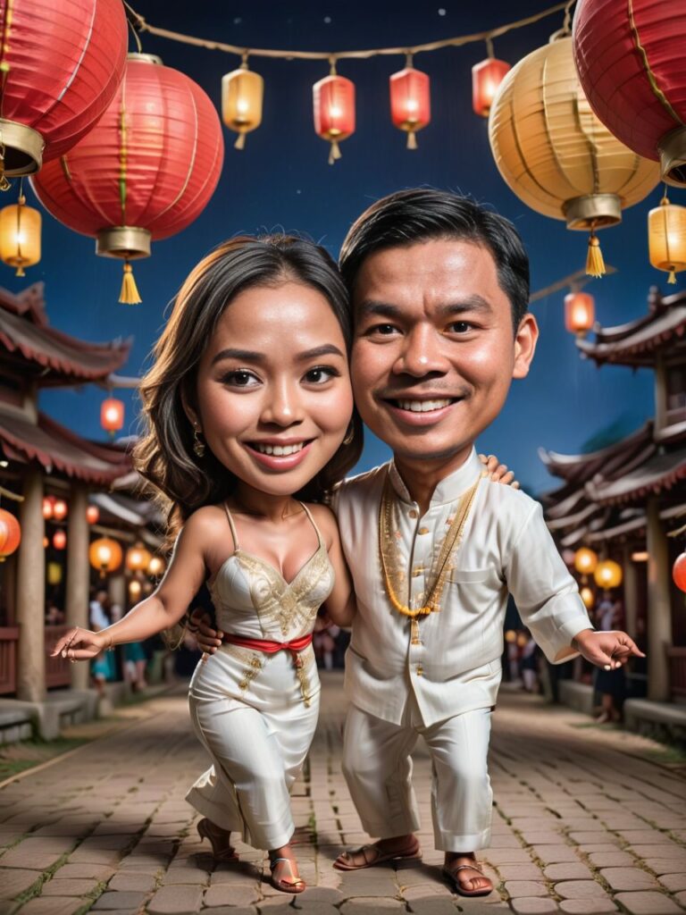 Filipino Couple in Traditional Attire Dancing Under Lanterns | Pincel