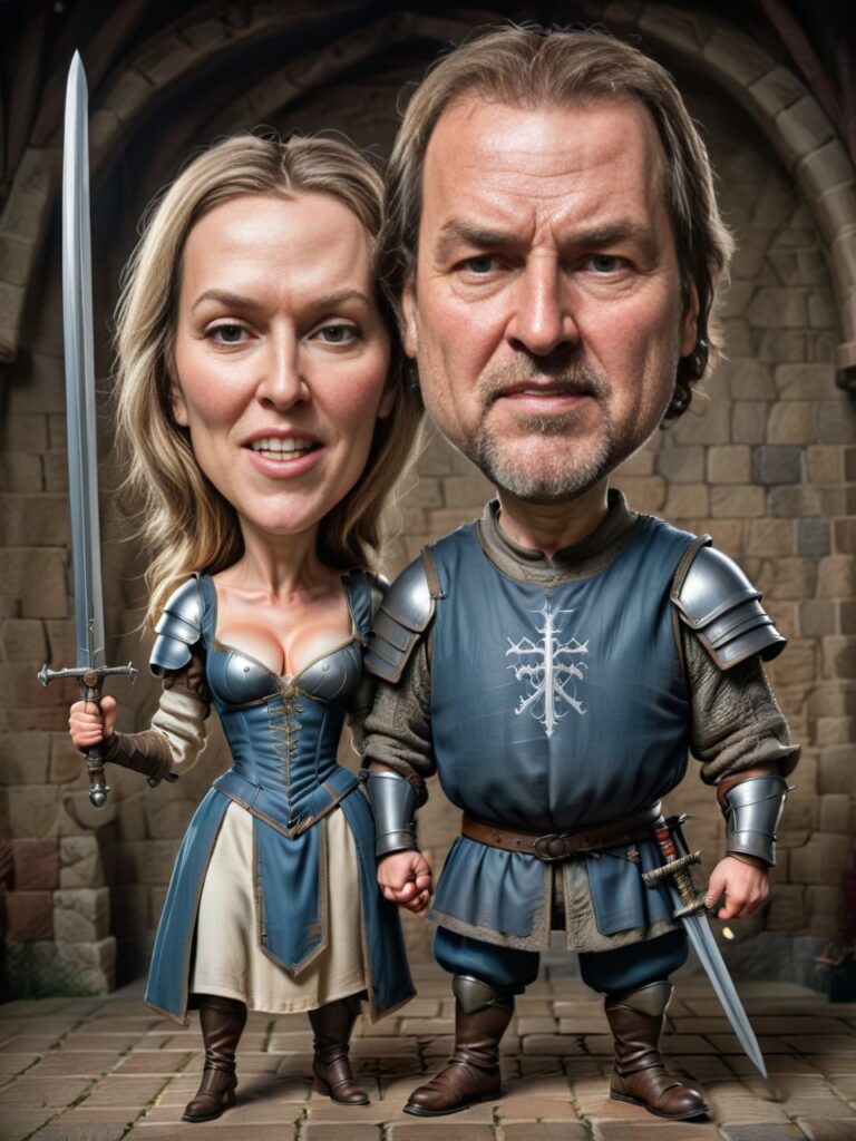 Medieval Caricature Couple with Exaggerated Swords | Pincel